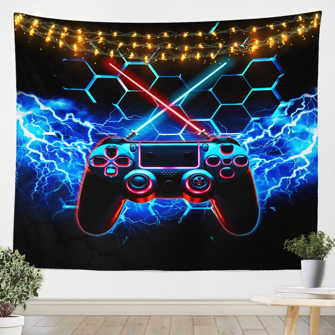 Modern Game Pad Wall Hangings, Neon Blue Red Lightsaber Lightning ...