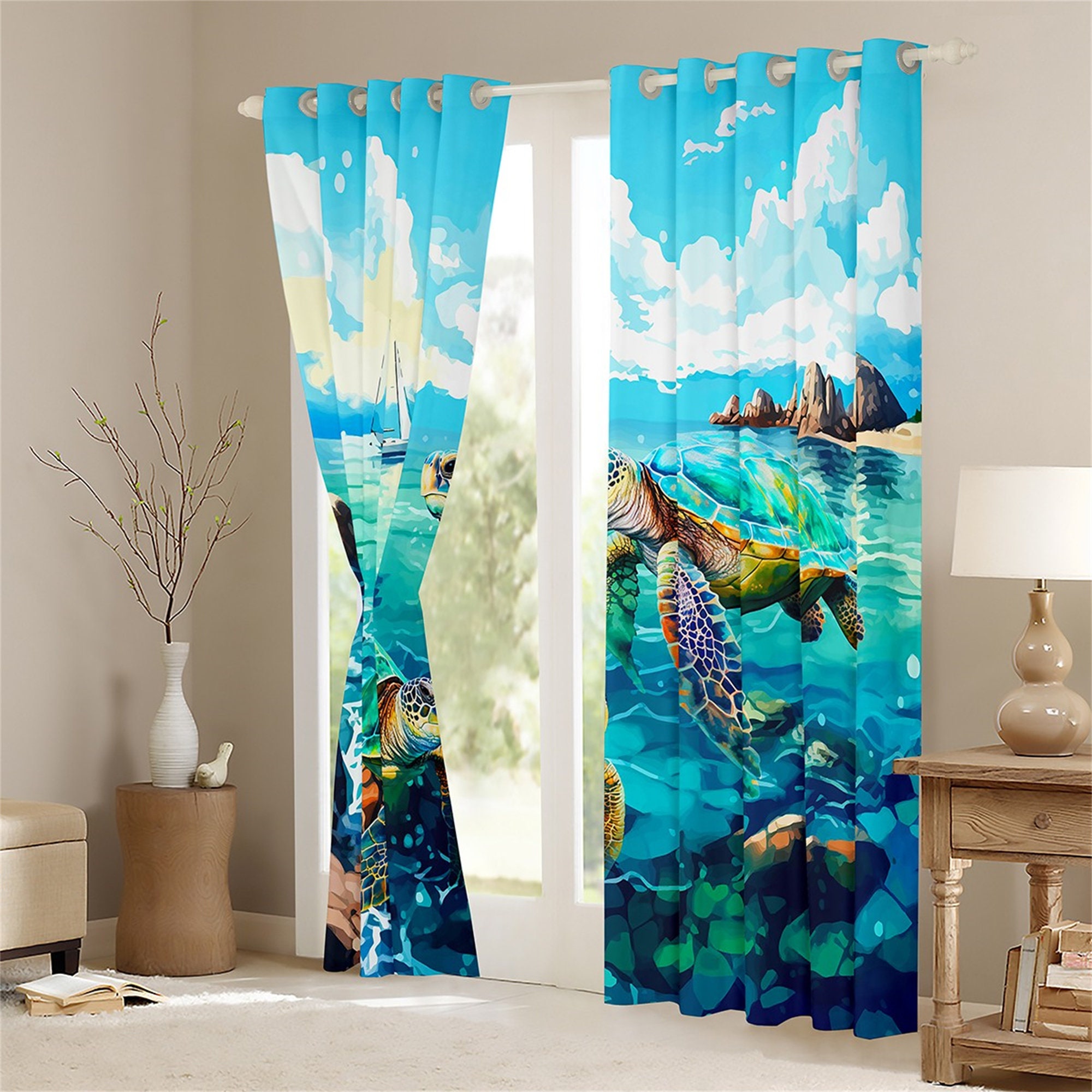 Sea Turtle Window Curtain Set Cloudy Sky Seaside Reef - Etsy