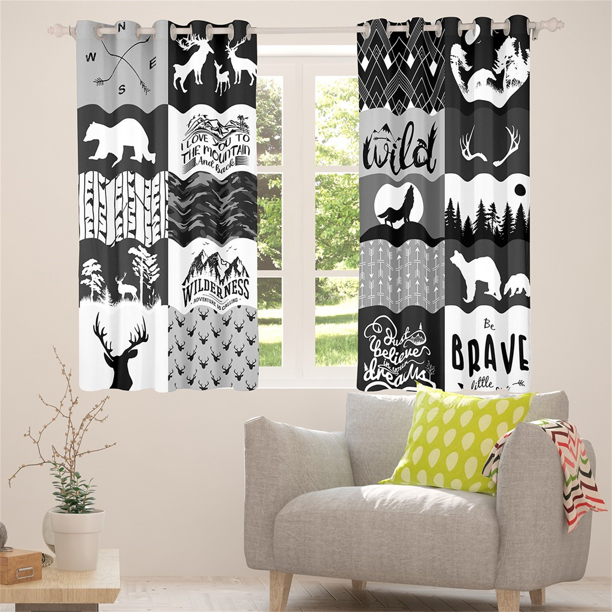 Deer Antler Bear Silhouette Window Curtains, Bohemian Arrow Patchwork ...