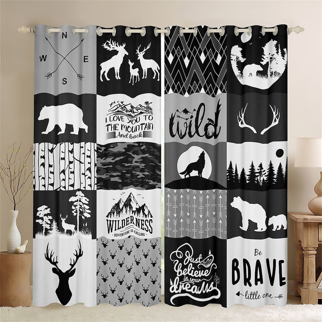 Deer Antler Bear Silhouette Window Curtains, Bohemian Arrow Patchwork ...