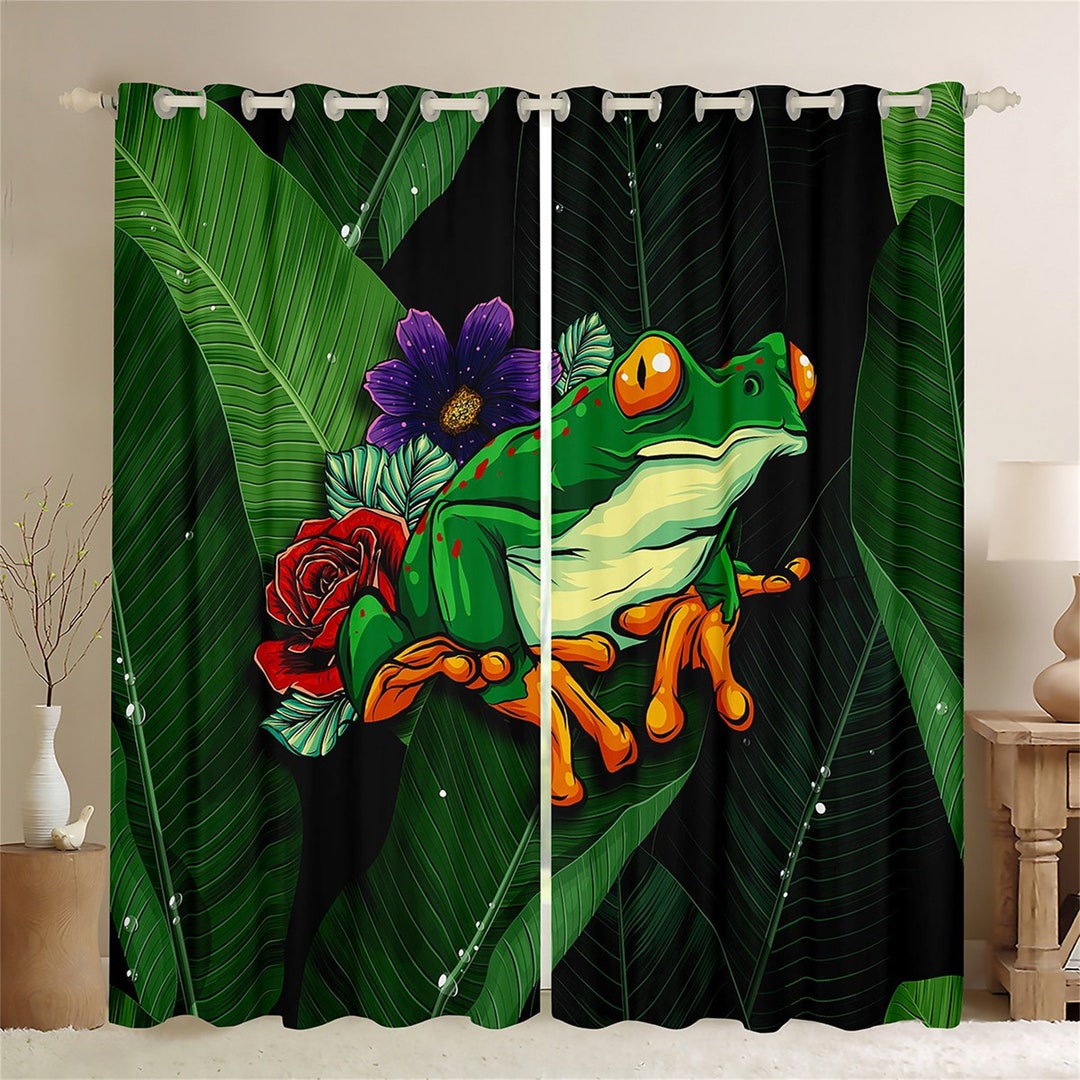 Cartoon Frog Window Curtain Set, Tropical Plant Leaf Purple Red Flowers ...