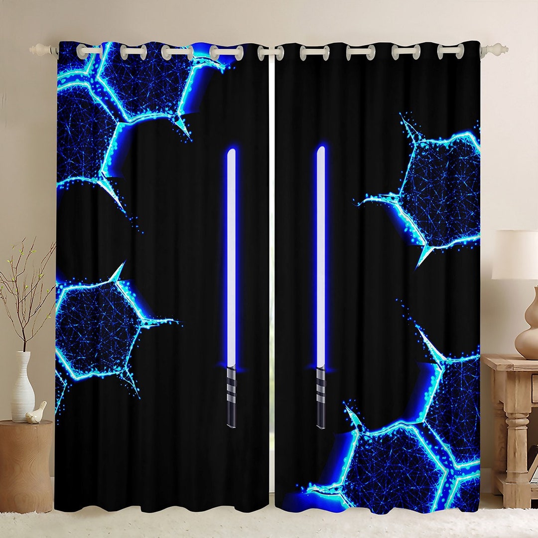 Neon Blue Honeycomb Window Curtain Set, Geometric Hexagon Gradient ...