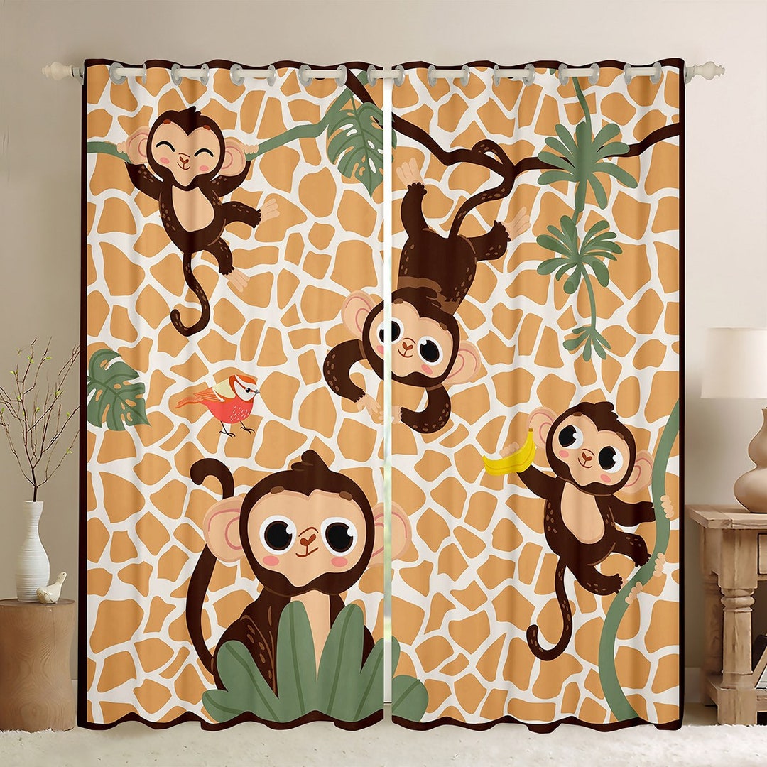 Cartoon Monkey Window Curtain Set, Lovely Wild Jungle Animal Tropical ...