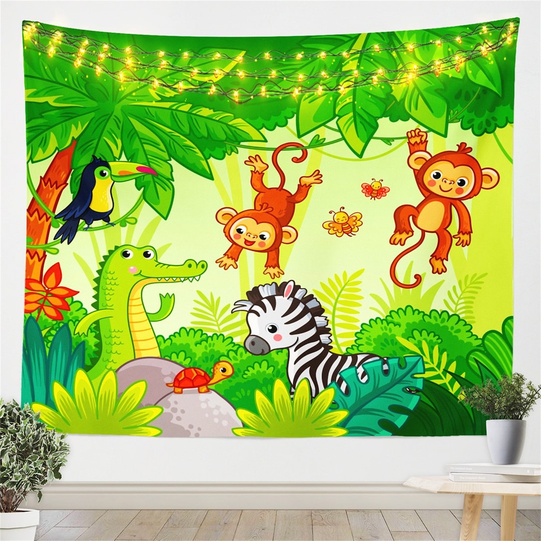 Jungle Animal Tapestries, Wild Animal Cartoon Zebra Monkey Dinosaur ...