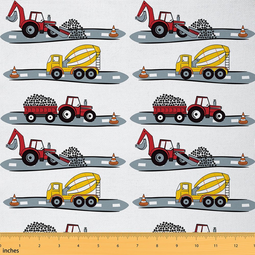 Cartoon Cars Kids Fabric by the Yard, Roadway Construction Vehicles ...