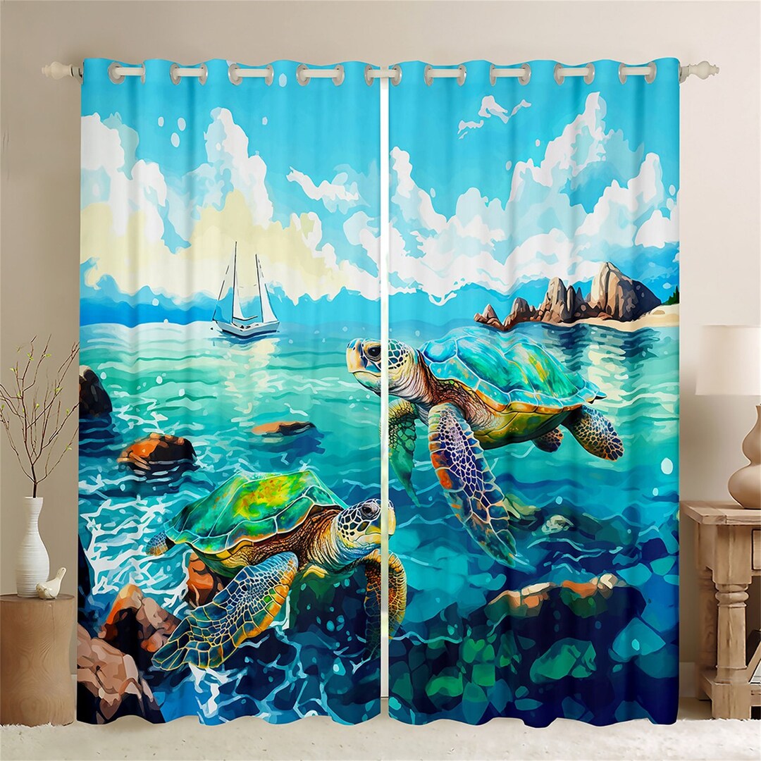 Sea Turtle Window Curtain Set, Cloudy Sky Seaside Reef Sailboat ...