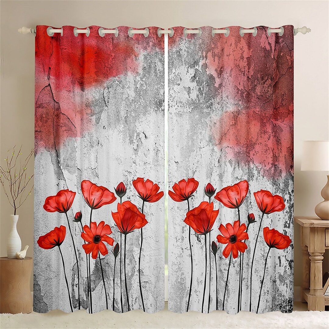 Red Flower Window Drape, Aesthetic Garden Botanical Floral Window ...
