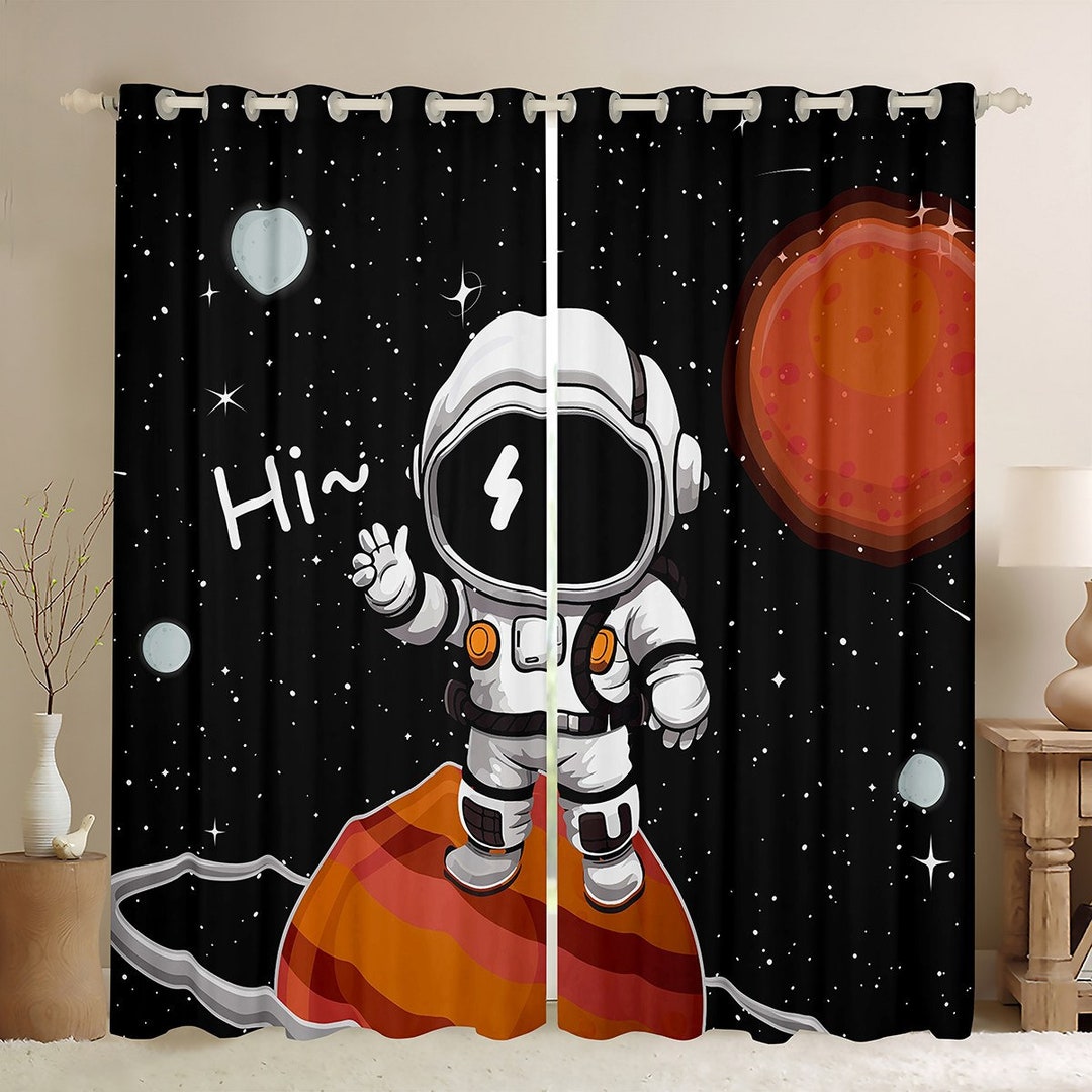 Cartoon Astronaut Window Curtain Set, Mystic Galaxy Planets Space ...