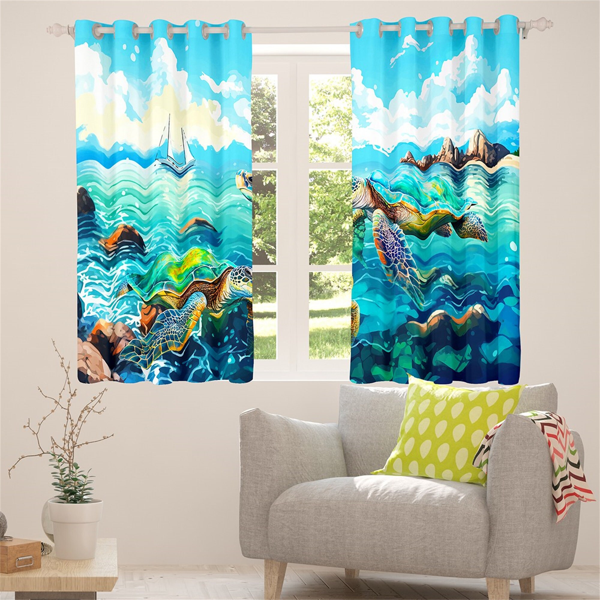 Sea Turtle Window Curtain Set Cloudy Sky Seaside Reef - Etsy
