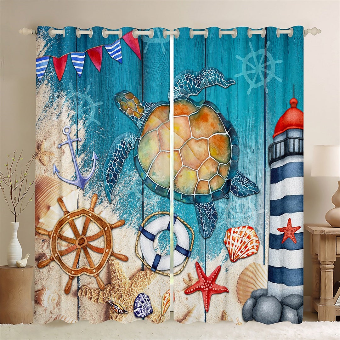 Sea Turtle Window Curtain Set, Nautical Lighthouse Rudder Anchor ...