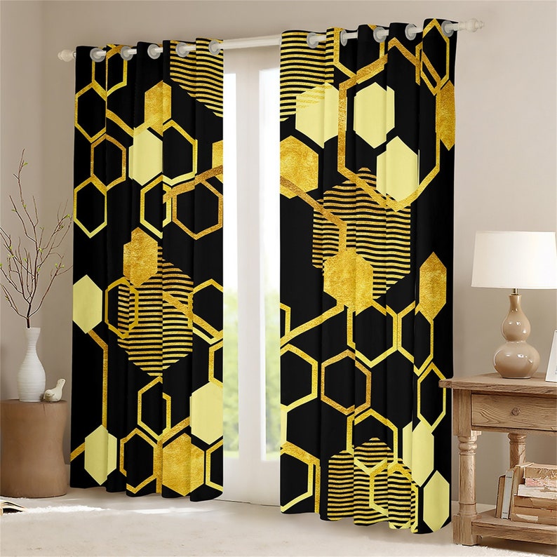 3D Print Honeycomb Window Curtains, Geometric Stripes Hexagon Splicing Curtain Set, Modern Gold ...