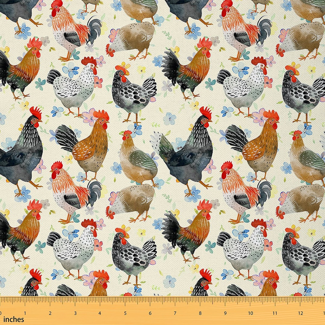 Rooster Chicken Polyester Fabric by the Yard, Rustic Farmhouse Animal ...