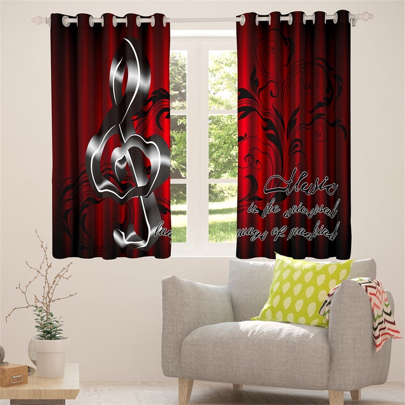 Musical Note Music Theme Window Curtain Set, Modern Black Red Ombre ...