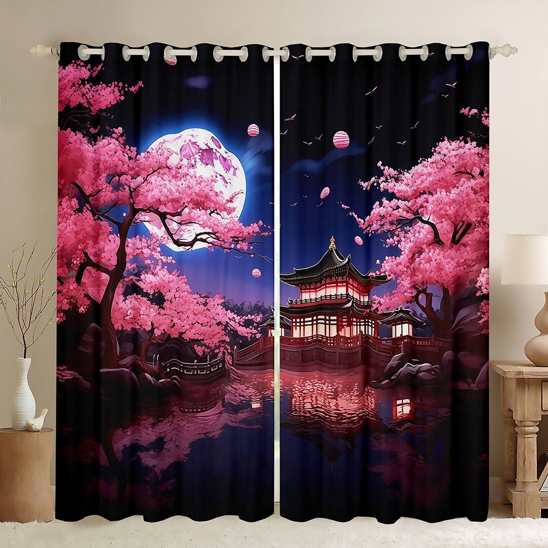 Japanese Ukiyoe Window Curtain Set, Pink Cherry Blossom Romantic Window ...