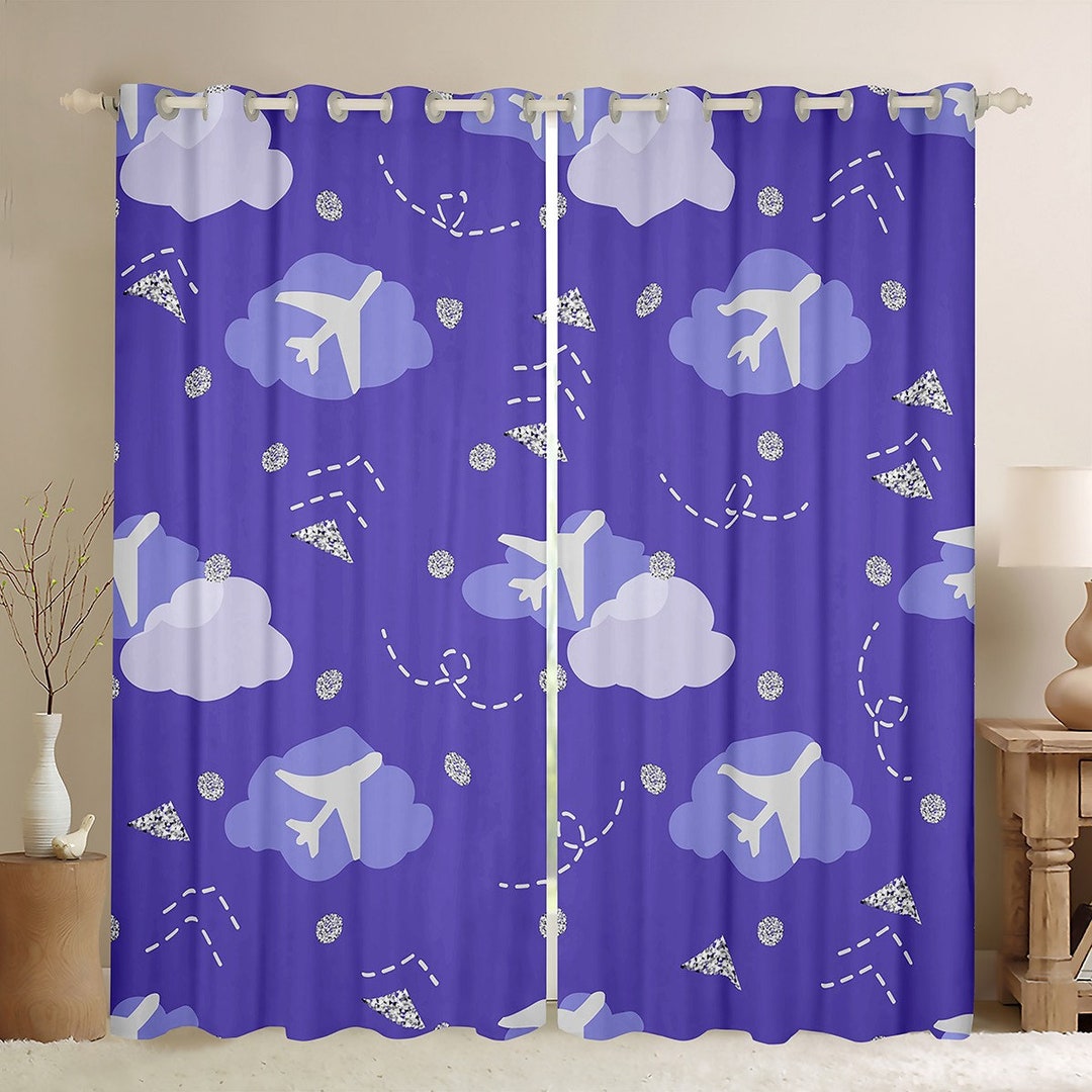 Cartoon Plane Window Curtains, Aviation Airplane Dreamy Purple Window ...