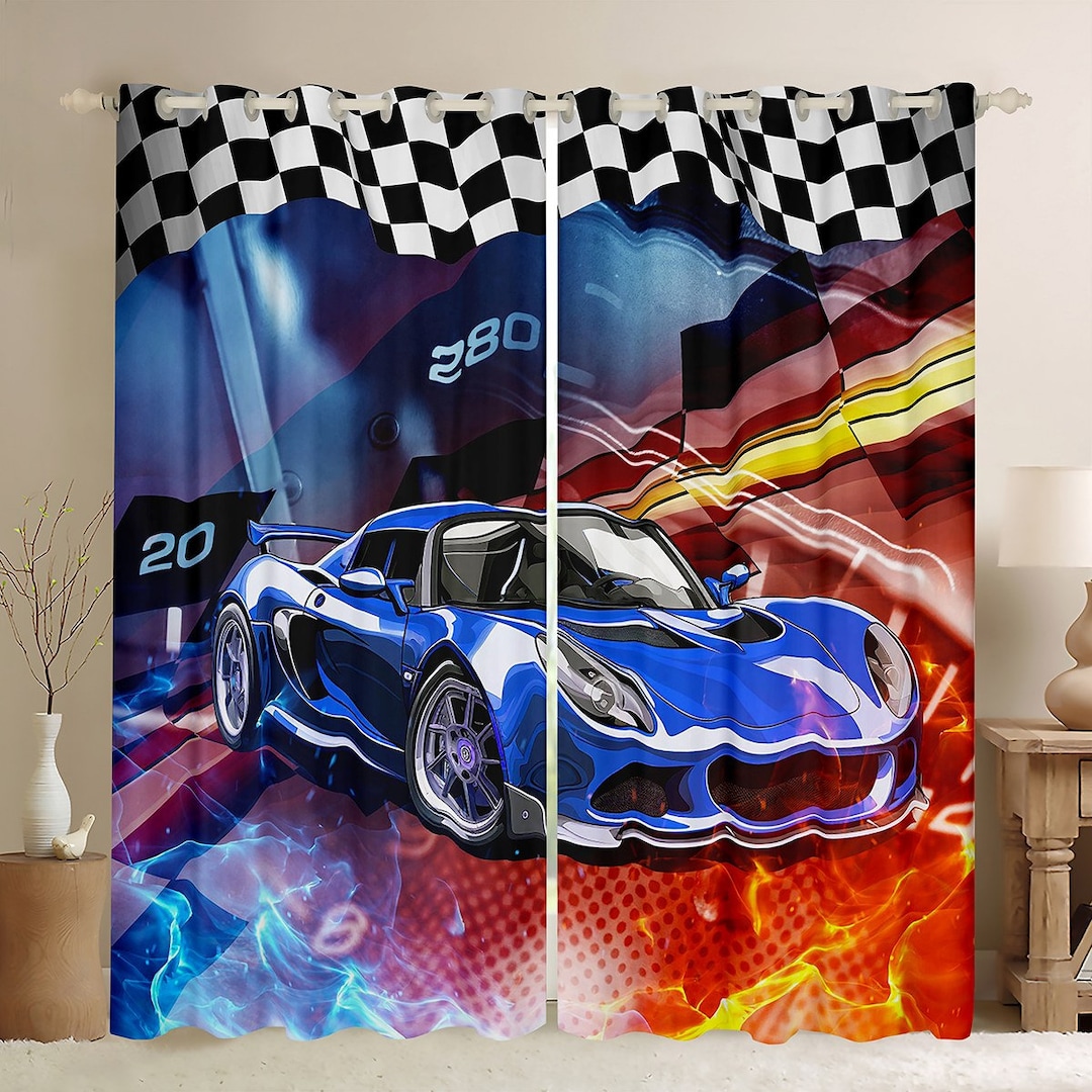 Blue Racing Car Window Curtains, Extreme Sports Competition Checker ...