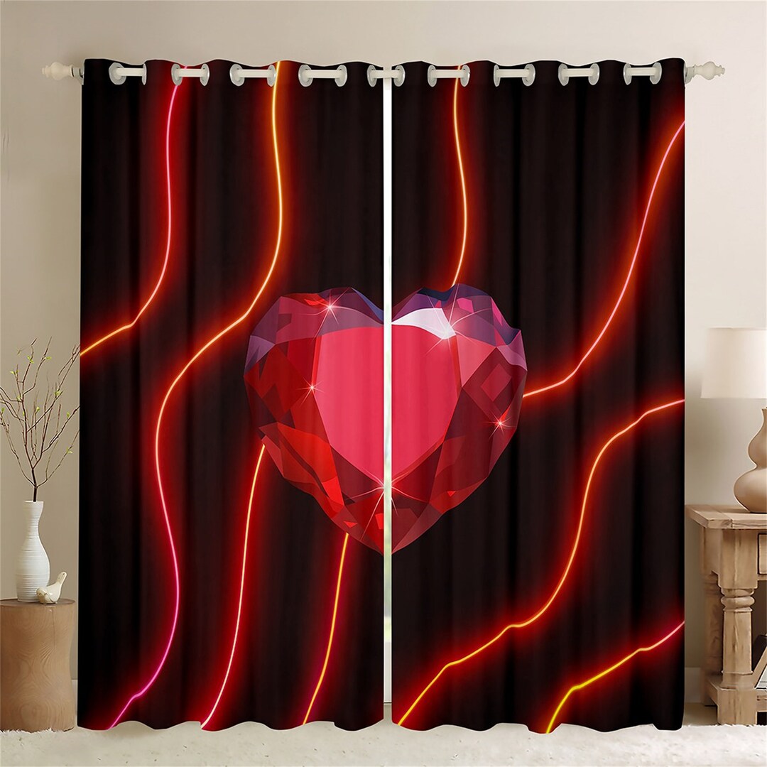 Red Ruby Print Curtain Set, Shining Heart-shaped Gemstone Window ...