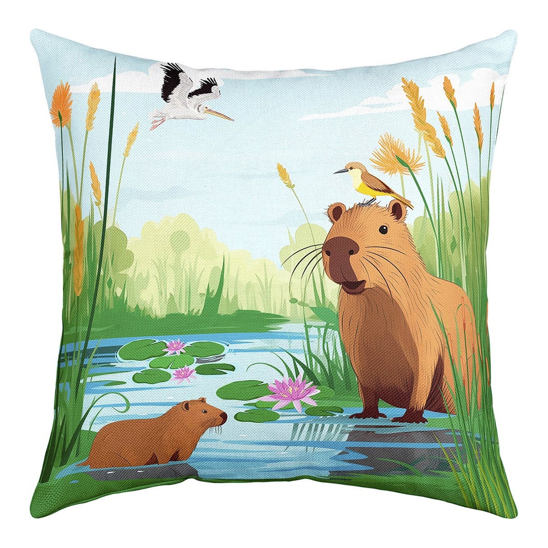 Cartoon Capybara Watercolor Pillow Cover Wild Lake Animal - Etsy