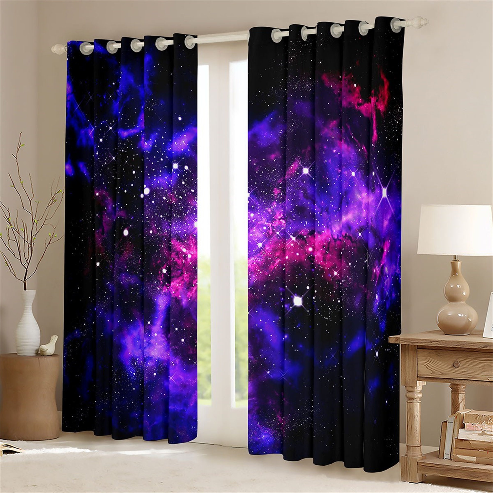 Starry Sky Galaxy Window Curtain Set, Purple Black Glitter Universe ...