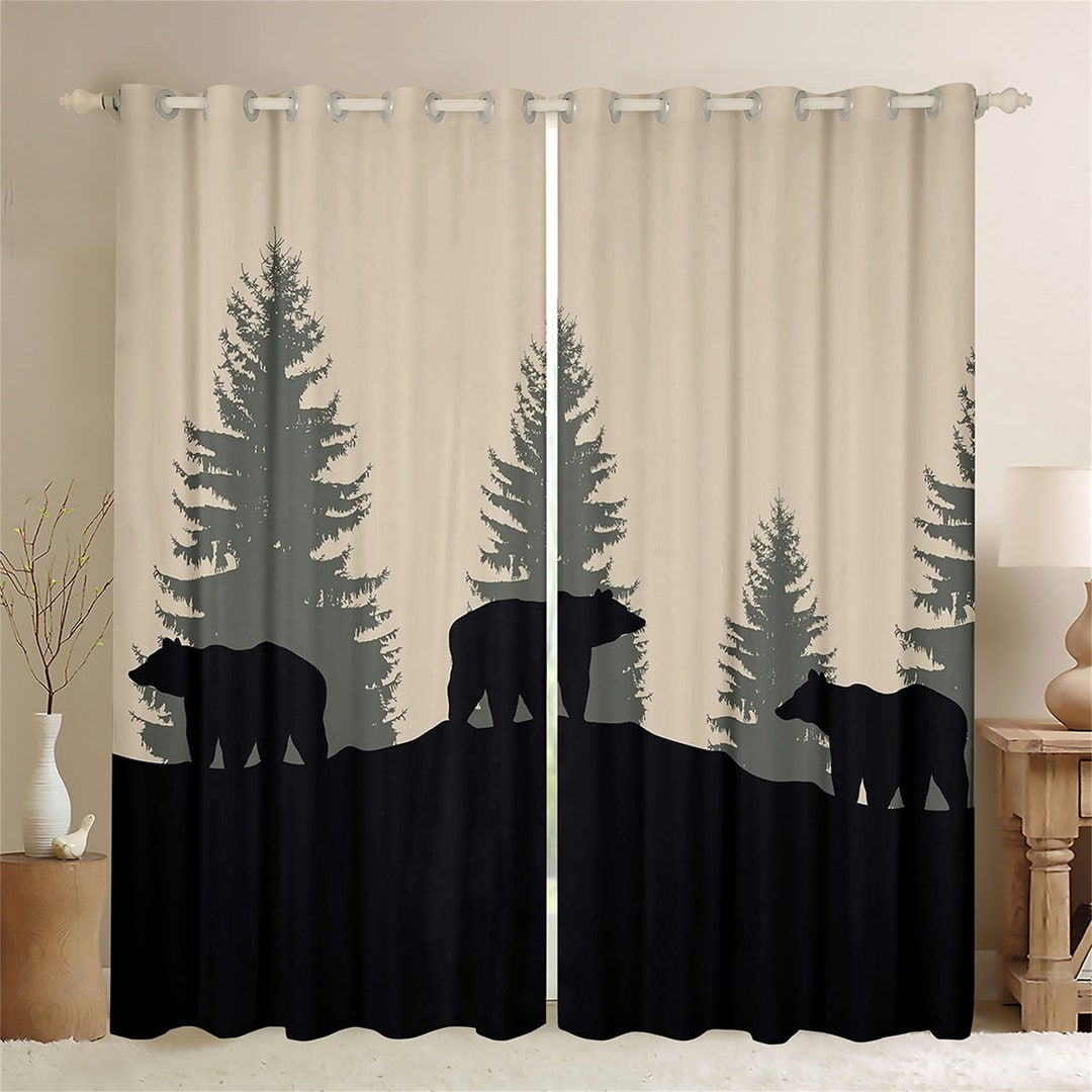 Bear Silhouette Handmade Window Curtains, Wild Animal Jungle Tree ...