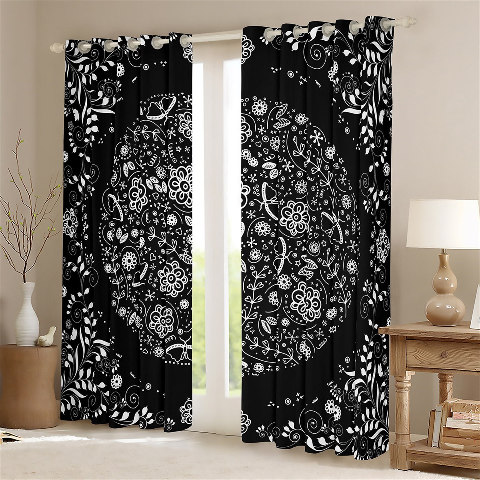 Black White Floral Window Curtains Bohemian Mandala Paisley - Etsy