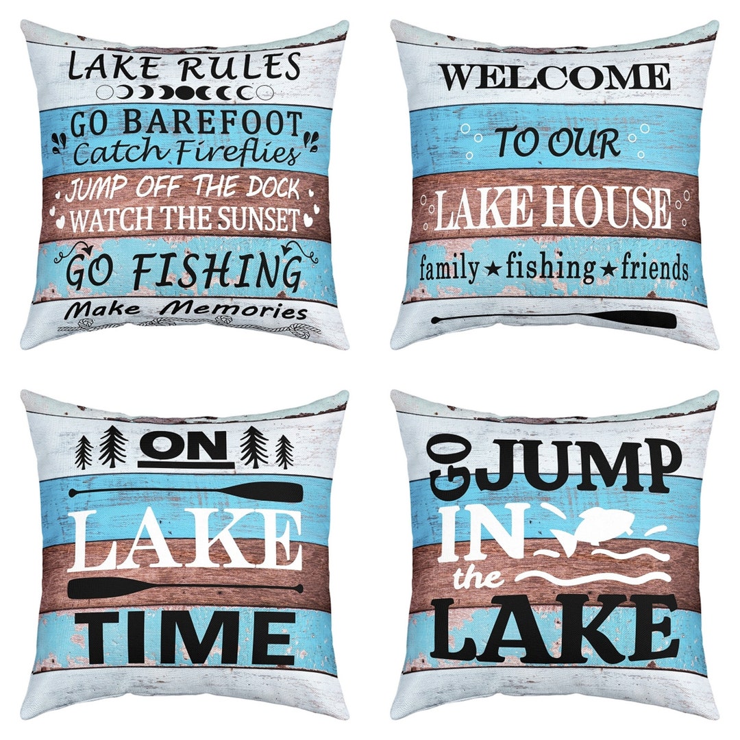 Set of 4 Lake House Pillow Cover Set, Rustic Blue Brown Wooden Plank ...