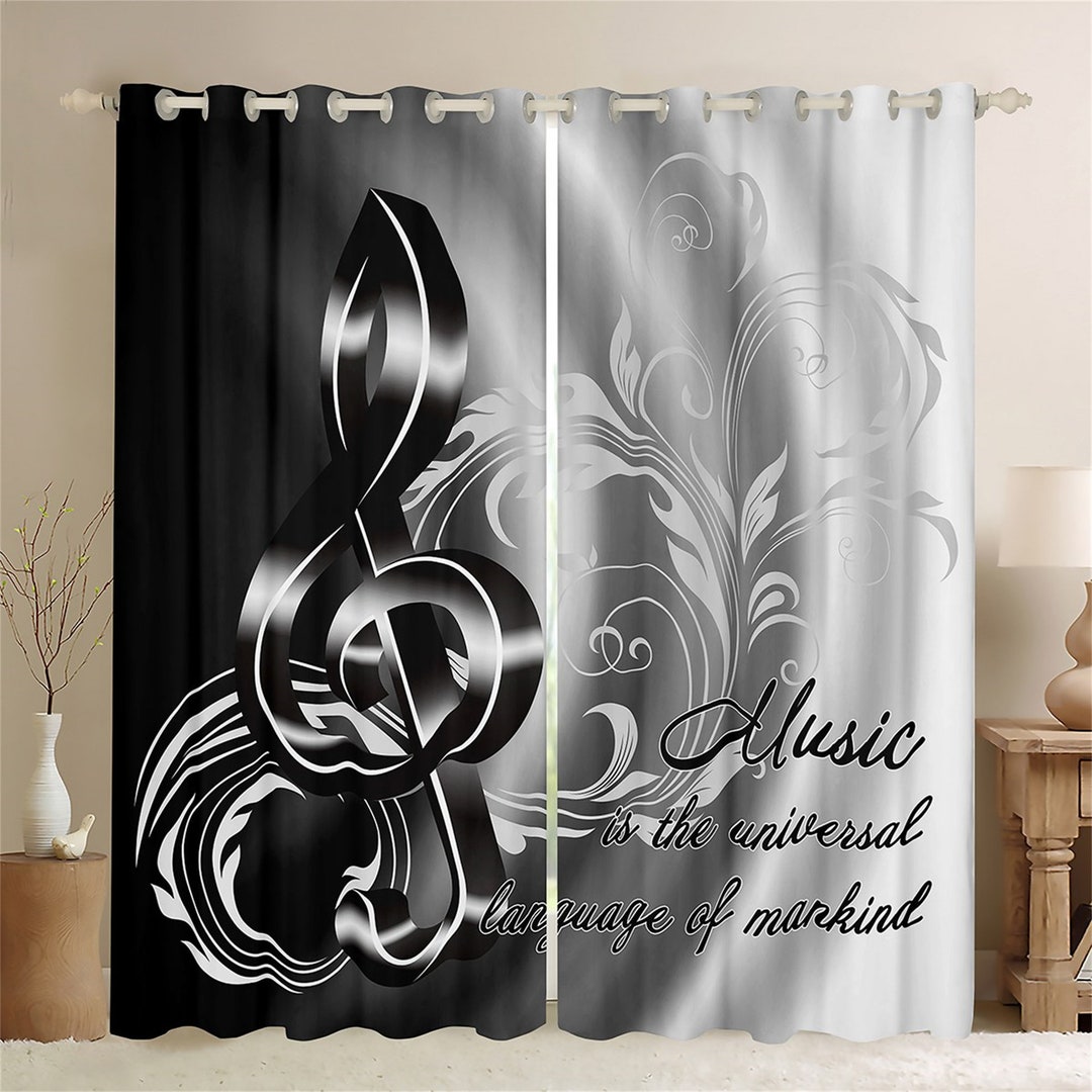 Musical Note Window Curtains, Music Theme Black Gray Ombre Swirl Print ...