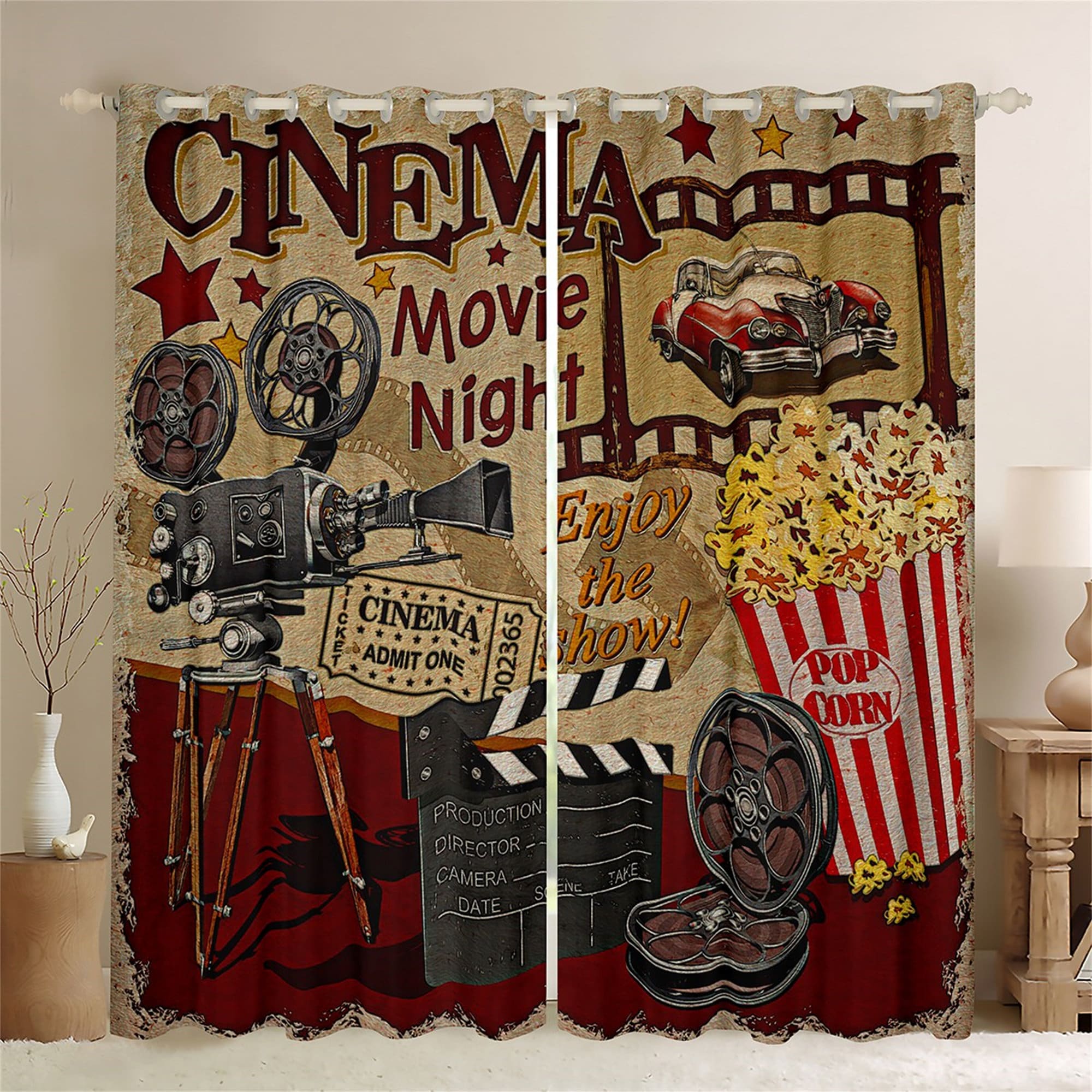 Cinema Movie Night Window Curtain Set, Filmstrip Popcorn Camera Popcorn ...