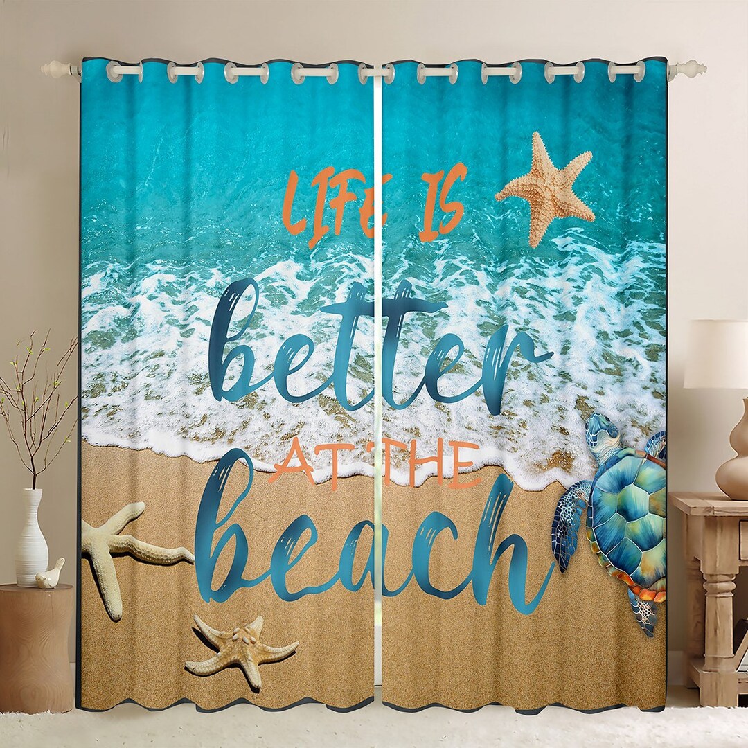 Seaside Beach Window Curtain Set, Summer Ocean Sand Beach Window Drapes ...