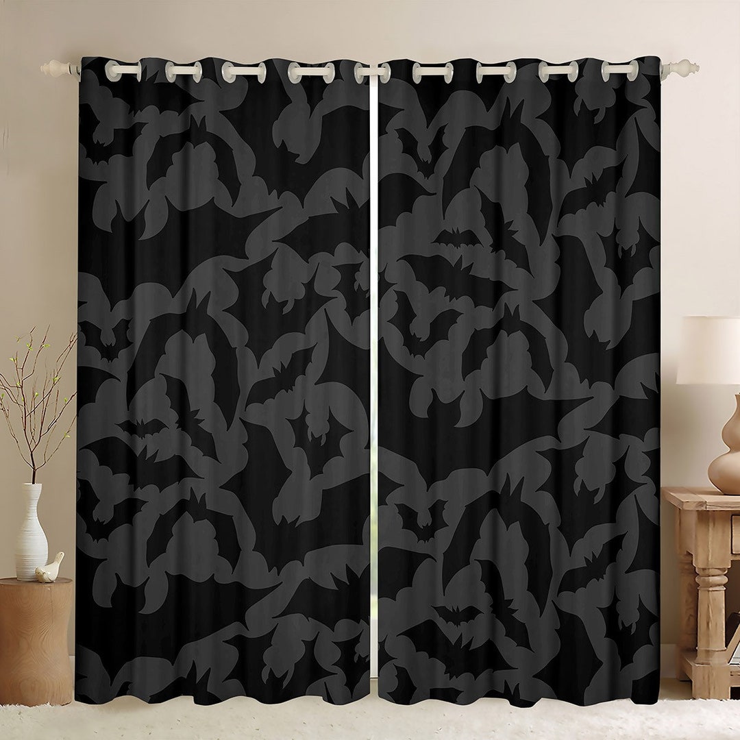 Gothic Bat Silhouette Window Curtains, Halloween Theme Black Gray ...
