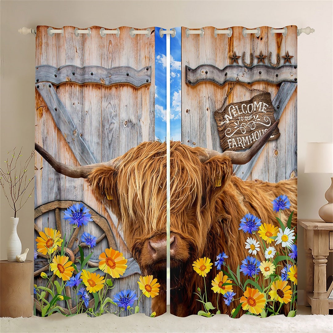 Highland Cattle Handmade Window Curtains, Rustic Farmhouse Cabin Wooden ...