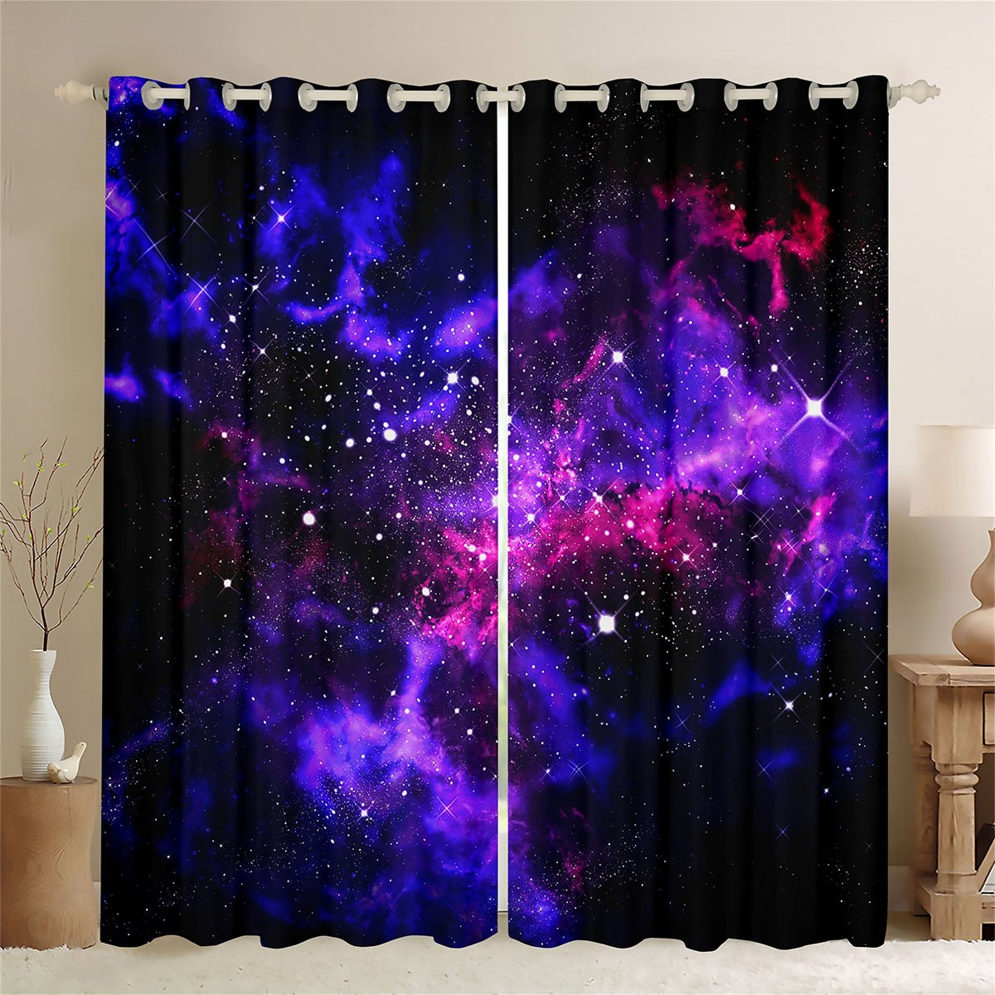Starry Sky Galaxy Window Curtain Set, Purple Black Glitter Universe ...