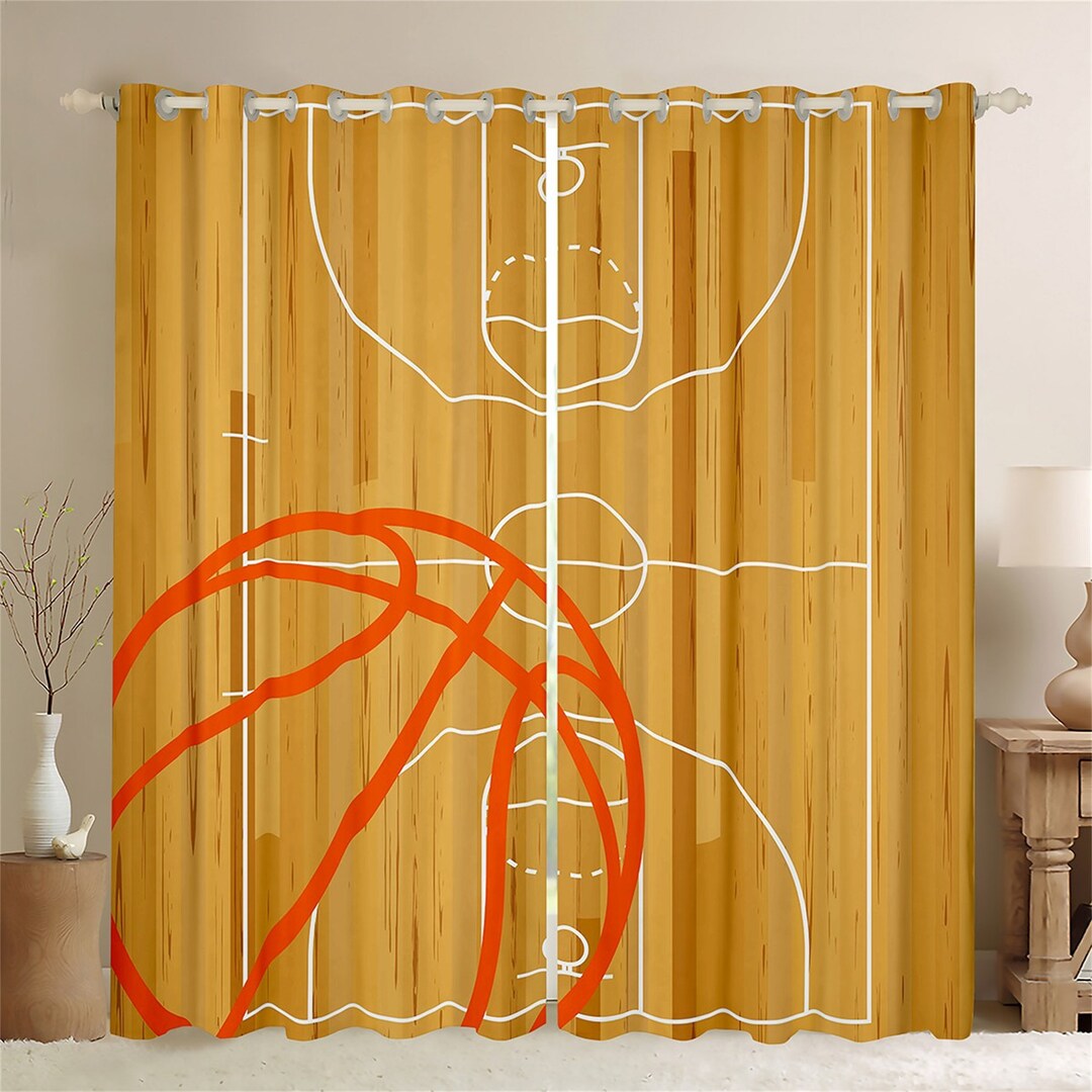Basketball Graffiti Window Curtains, Brown Sporting Court Geometric ...