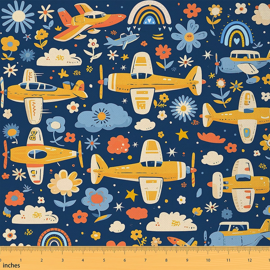 Yellow Airplane Fabric by the Yard, Cartoon Aircraft Aviation Navy ...