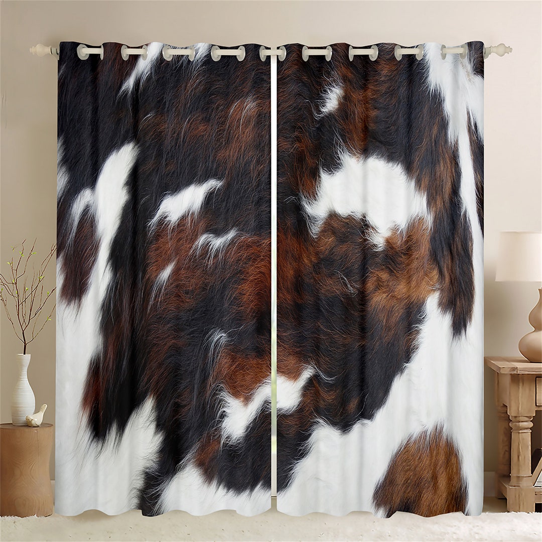 Cattle Fur Print Window Curtains, Brown White Cowhide Curtain Set ...