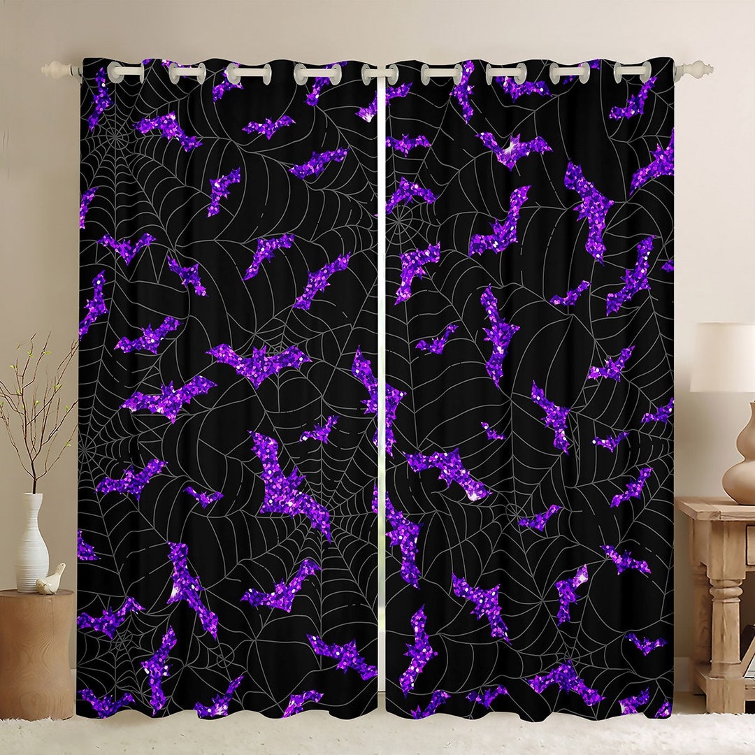 Bat Silhouette Window Curtains, Halloween Mystic Animal Spider Net ...