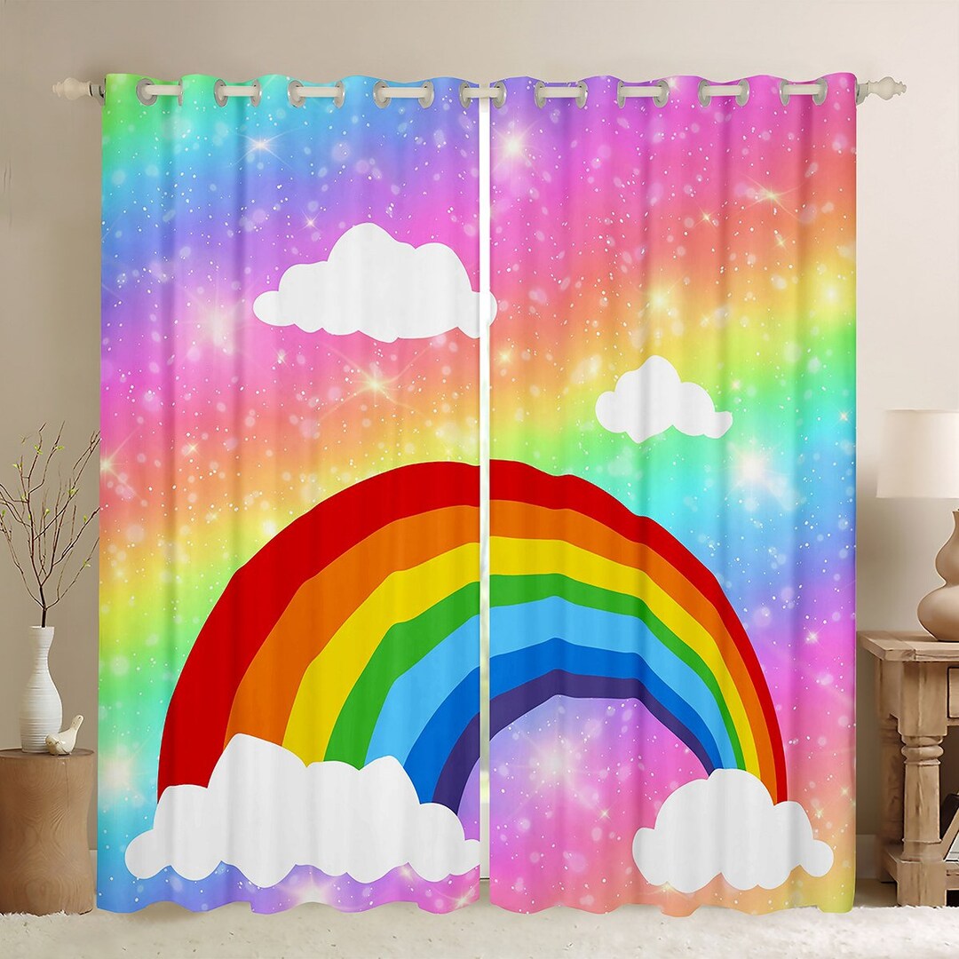 Cartoon Rainbow Window Curtain Set, Dreamy Colorful Starry Glitter Sky ...