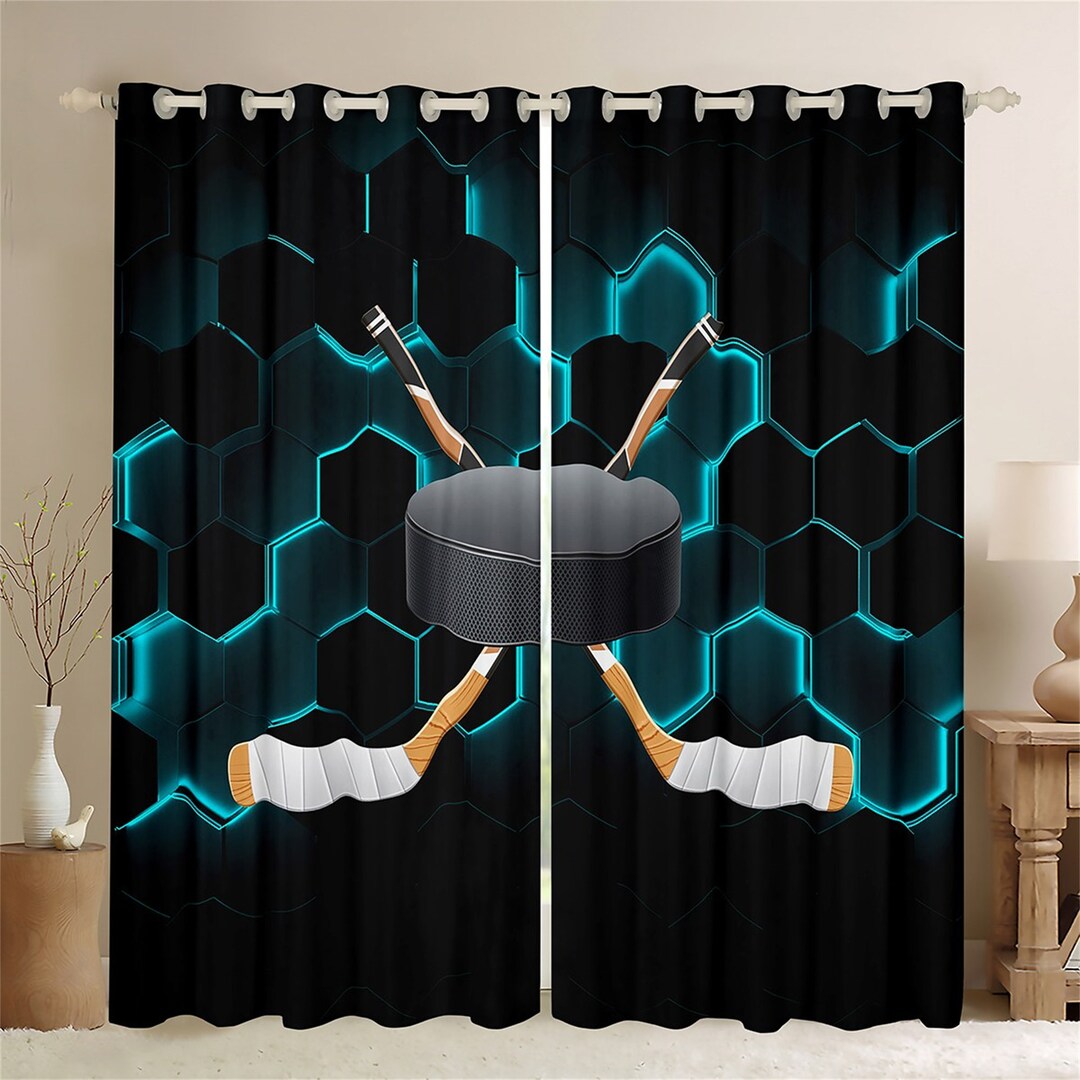 Hockey Window Curtain Set, Sports Ball Game Modern Hockey Clubs Window ...