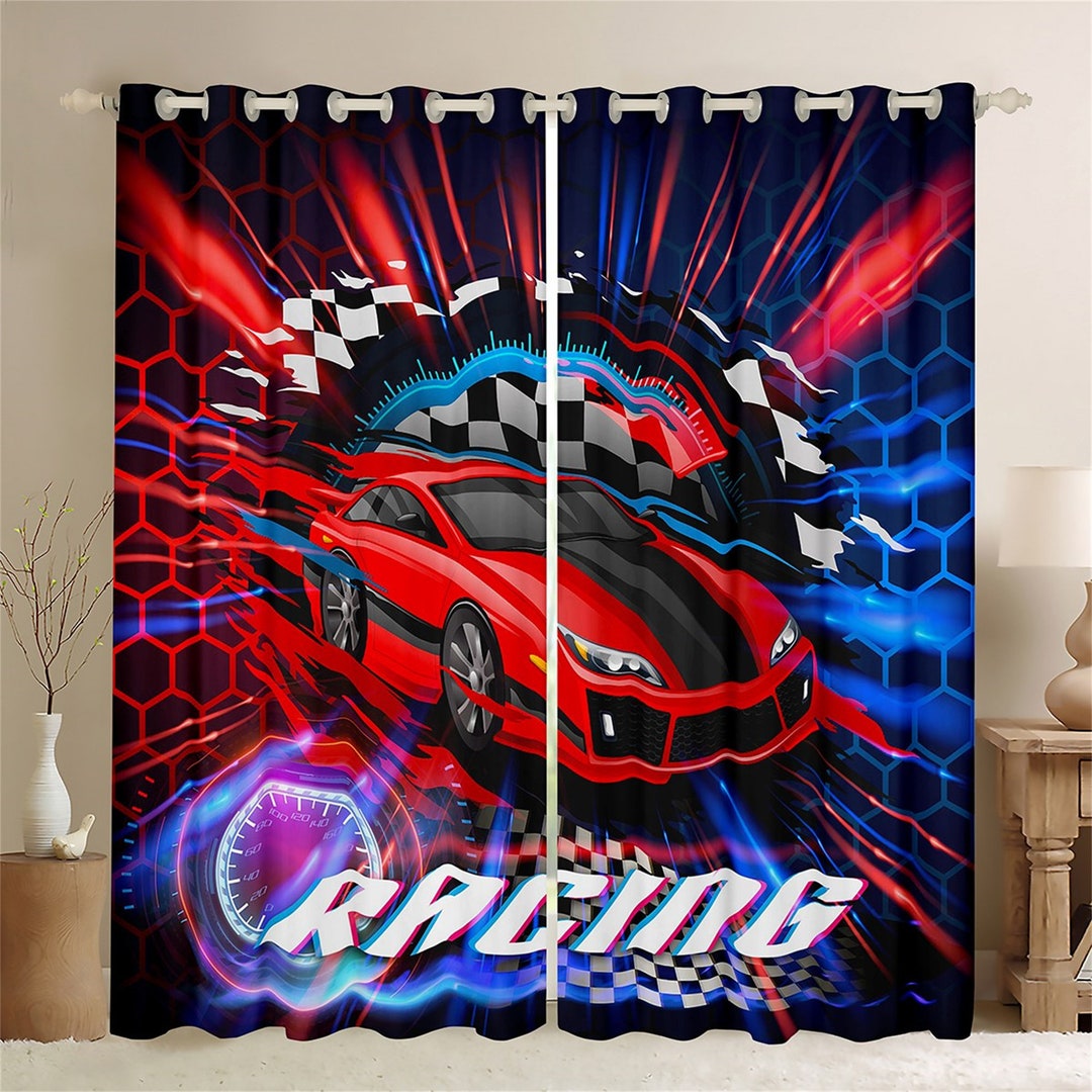 Red Racing Car Window Curtain Set, Red Blue Neon Honeycomb Geometric ...