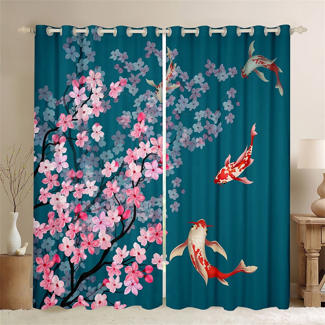 Japanese Style Koi Fish Window Drapes, Pink Cherry Blossom Flower ...