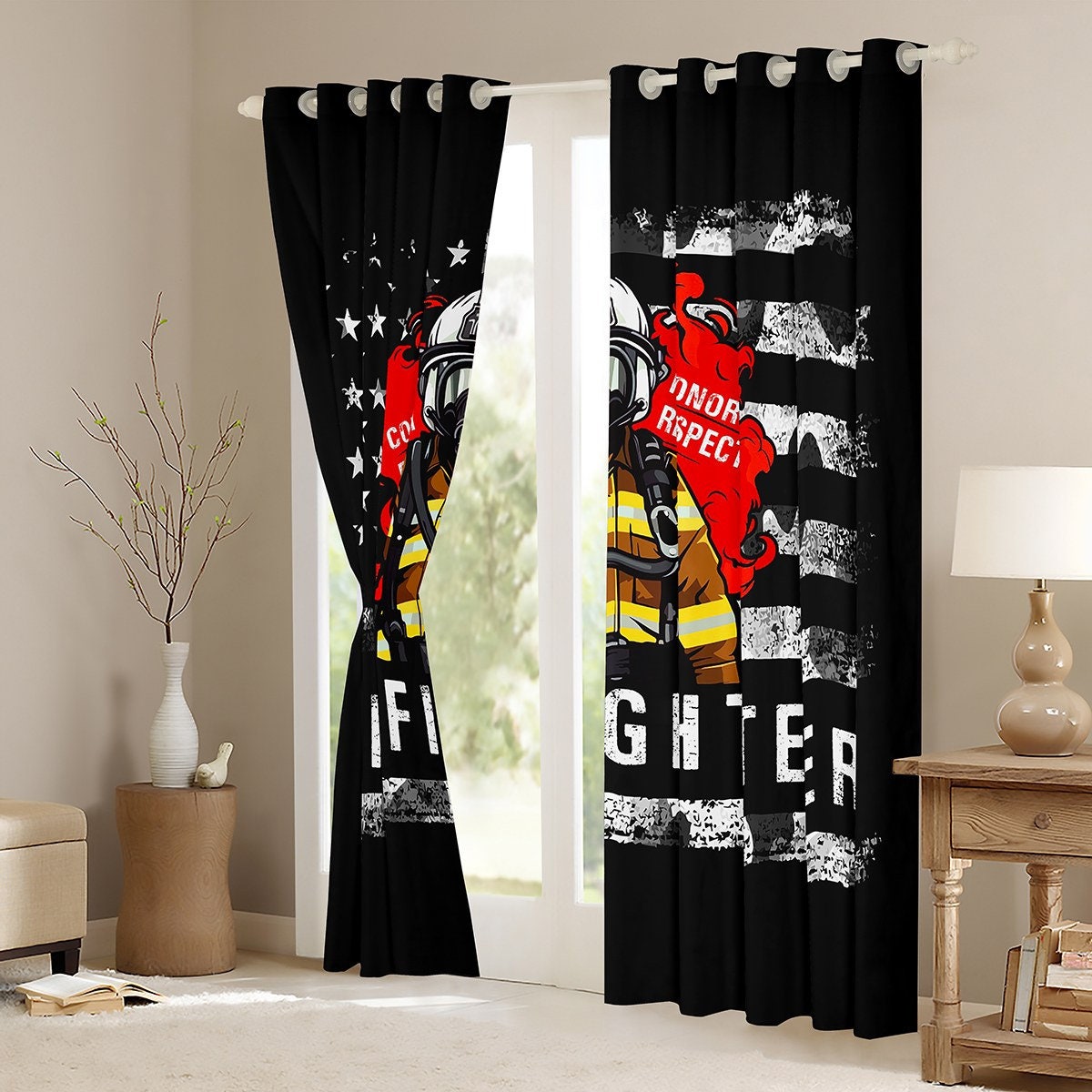 Firefighting Handmade Window Curtains Firefighter Red Flame - Etsy