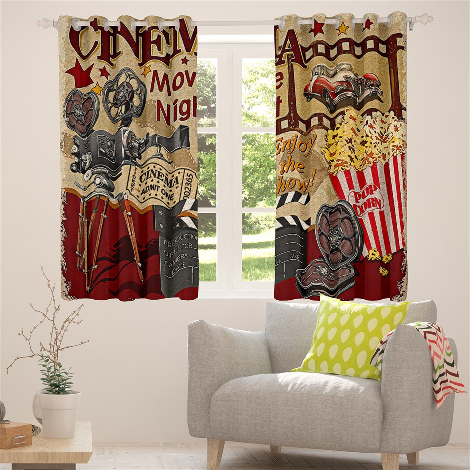 Cinema Movie Night Window Curtain Set, Filmstrip Popcorn Camera Popcorn ...