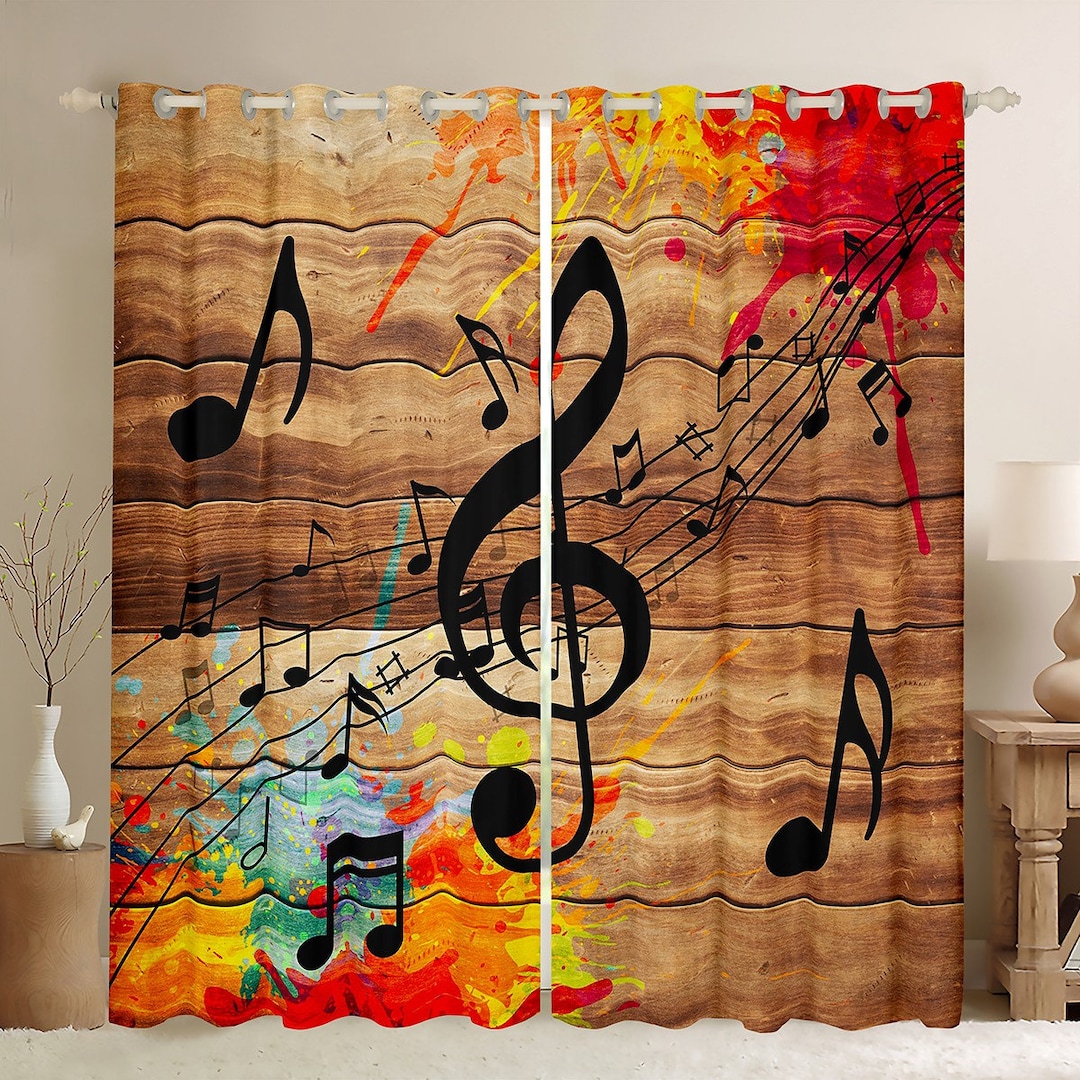 Musical Notes Window Curtain Set, Artistic Music Theme Watercolor ...