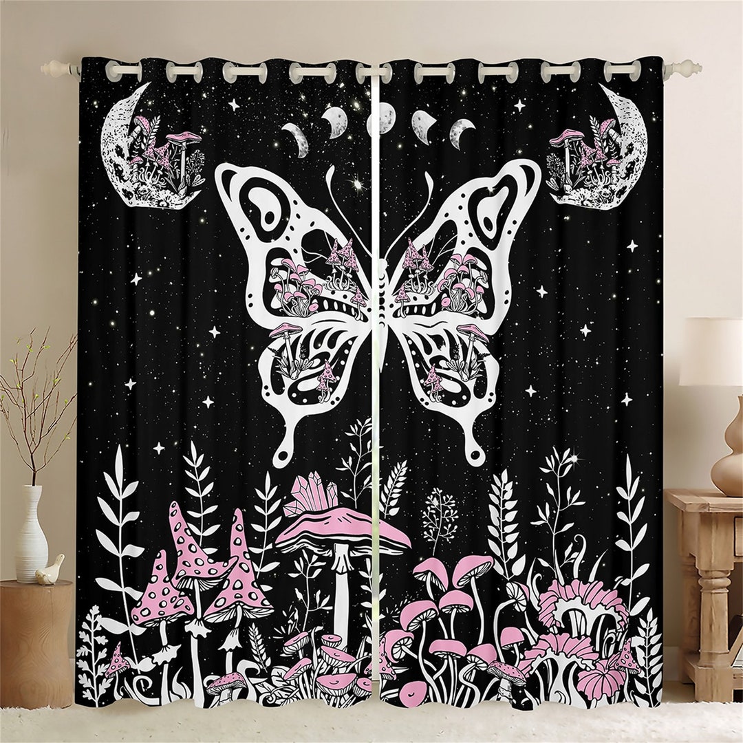 Handmade Butterfly Window Curtains, Mushroom Flower Botanical Print ...