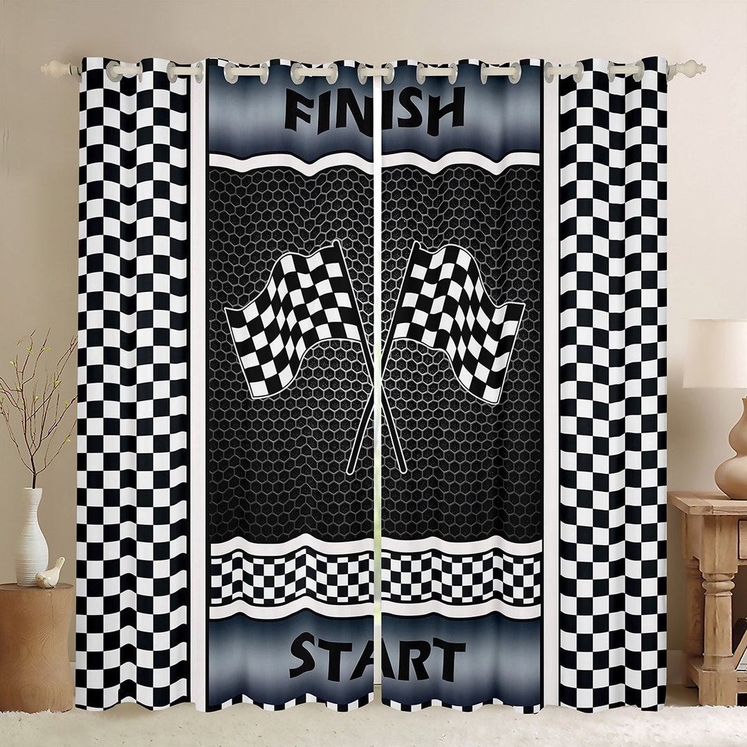 Checker Flag Window Curtains, Racing Car Extreme Sports Theme Window ...