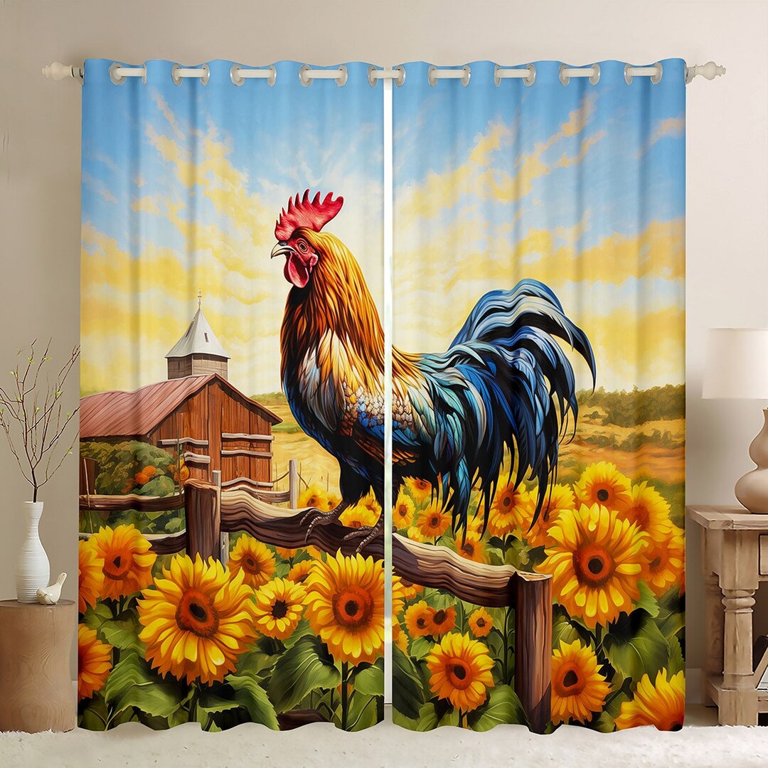 Rustic Chicken Window Curtain Set, Farmhouse Cabin Animal Rooster ...