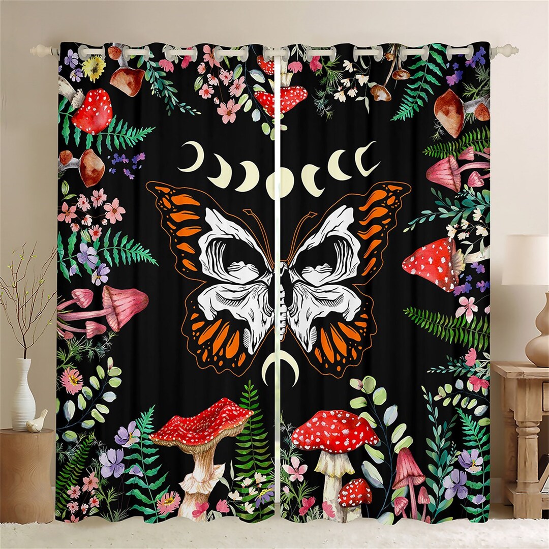 Death Moth Window Curtain Set, Gothic Skull Butterfly Psychedelic ...