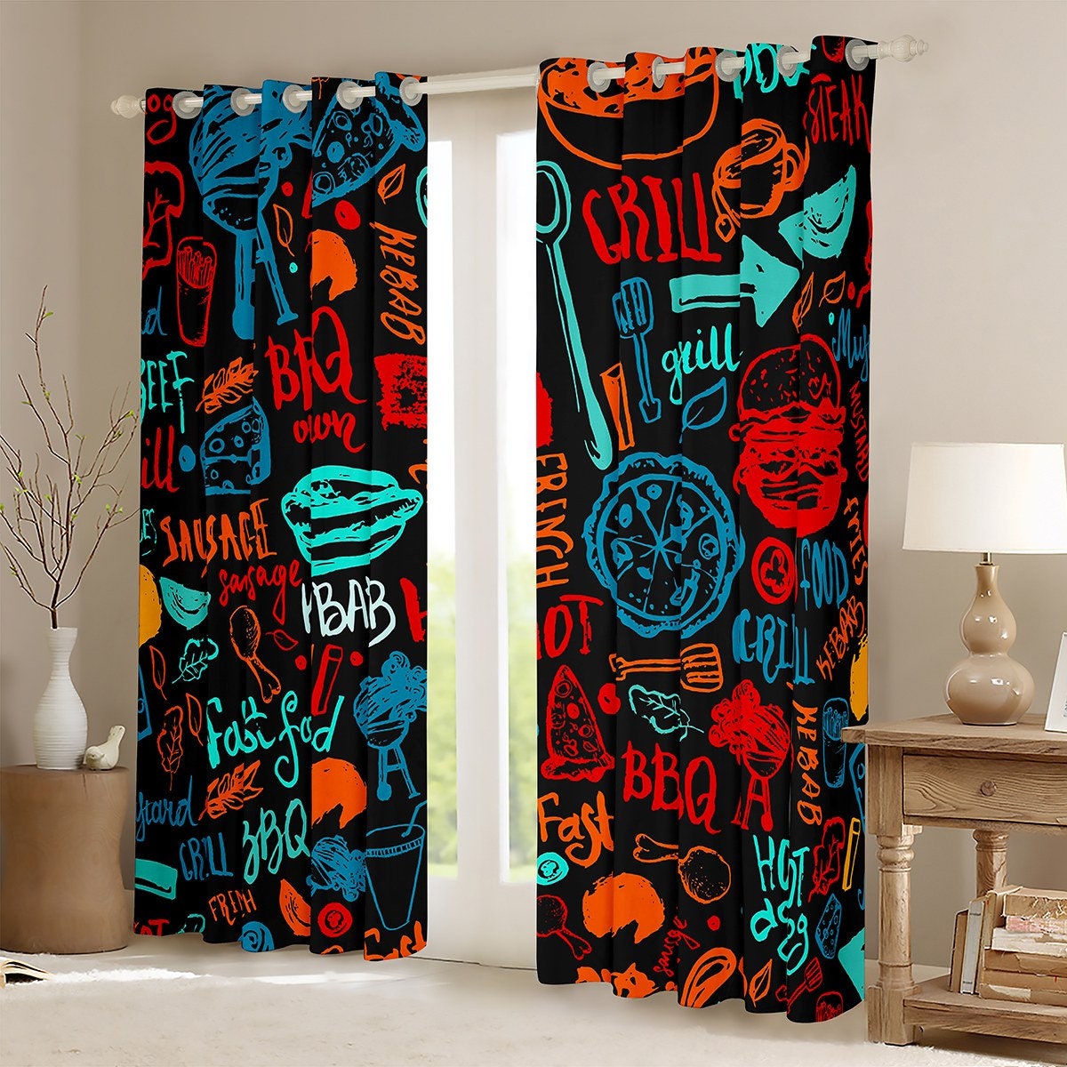 Barbecue Grill Window Curtains BBQ Party Red Blue Teal Hippie - Etsy