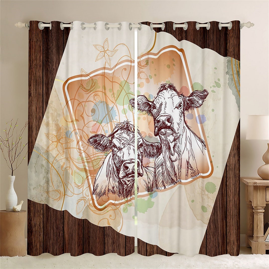 Highland Cattle Cow Window Curtains, Rustic Farmhouse Animal Graffiti ...