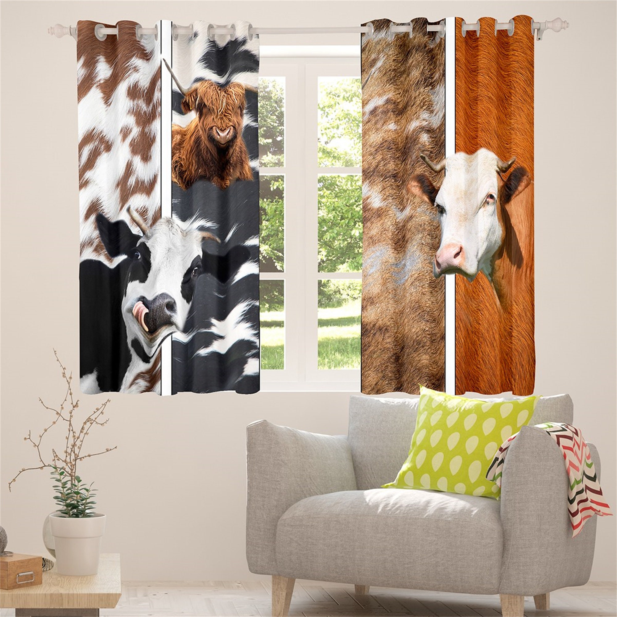 Highland Cattle Cow Window Curtains, Black White Brown Cowhide Print ...